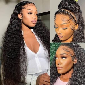 nervoss water wave 13x4 hd transparent lace front wigs human hair pre plucked deep wave glueless wigs human hair 180% denisty lace frontal wigs human hair for women natural black color 22 inch