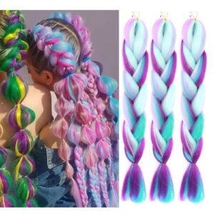 jumbo braiding hair fiber mix four silky colorful twist braiding hair 3pcs rainbow colors extensions synthetic hair blue-light purple-pink synthetic fiber soft healthy (24 inch 3pcs)