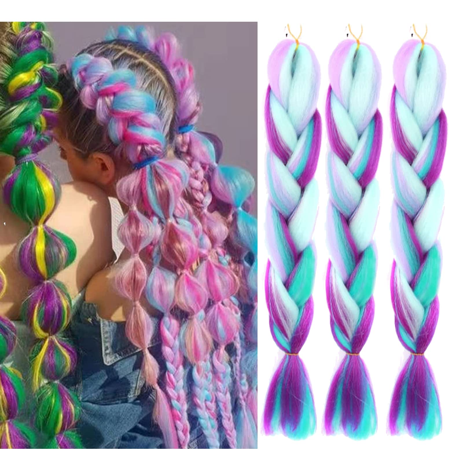 Jumbo Braiding Hair Fiber Mix Four Silky Colorful Twist Braiding Hair 3pcs Rainbow Colors Extensions Synthetic Hair Blue-Light Purple-Pink Synthetic Fiber Soft Healthy (24 Inch 3pcs)