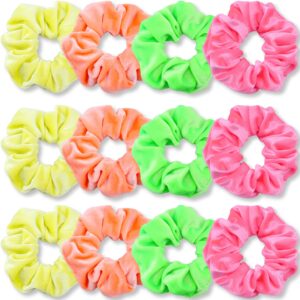 ivaryss neon scrunchies for hair 80s, premium velvet soft hair scrunchy, solid colors thick elastic bands, hair accessories for women and girls, 12 pack