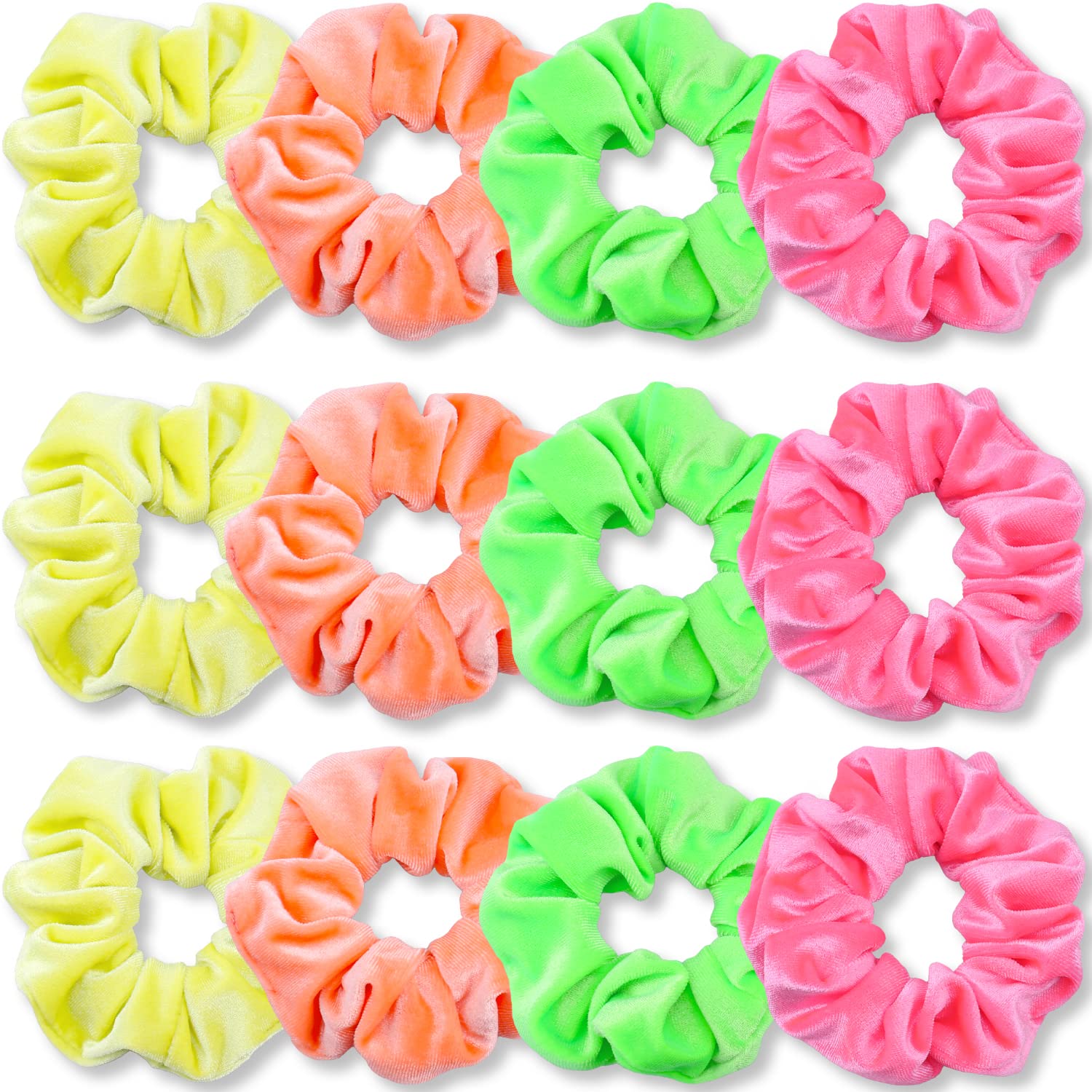 IVARYSS Neon Scrunchies for Hair 80s, Premium Velvet Soft Hair Scrunchy, Solid Colors Thick Elastic Bands, Hair Accessories for Women and Girls, 12 Pack