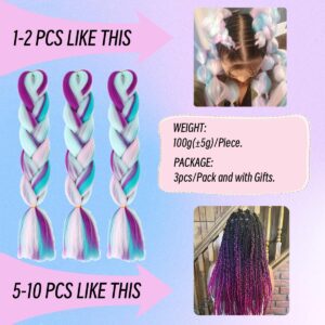 Jumbo Braiding Hair Fiber Mix Four Silky Colorful Twist Braiding Hair 3pcs Rainbow Colors Extensions Synthetic Hair Blue-Light Purple-Pink Synthetic Fiber Soft Healthy (24 Inch 3pcs)