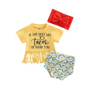 fiomva newborn baby girl clothes letter print tassel t-shirt top shorts headband 3pcs summer outfit set for infant 0-24m (taco-yellow,0-6 months)