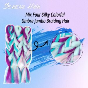 Jumbo Braiding Hair Fiber Mix Four Silky Colorful Twist Braiding Hair 3pcs Rainbow Colors Extensions Synthetic Hair Blue-Light Purple-Pink Synthetic Fiber Soft Healthy (24 Inch 3pcs)