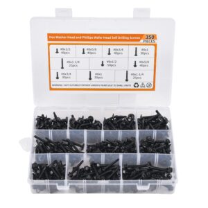 350pcs self tapping screws assortment, black #8 self tapping screws for metal & plastic with 410 stainless steel, hex washer head & phillips round head self-tapping screws for building & repair