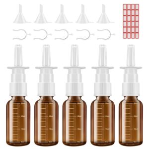 nasal spray bottles with graduated scale, 5 pcs 30ml/1oz continuous fine mister spray bottles, refillable small empty amber glass bottle with funnels, travel clips and labels