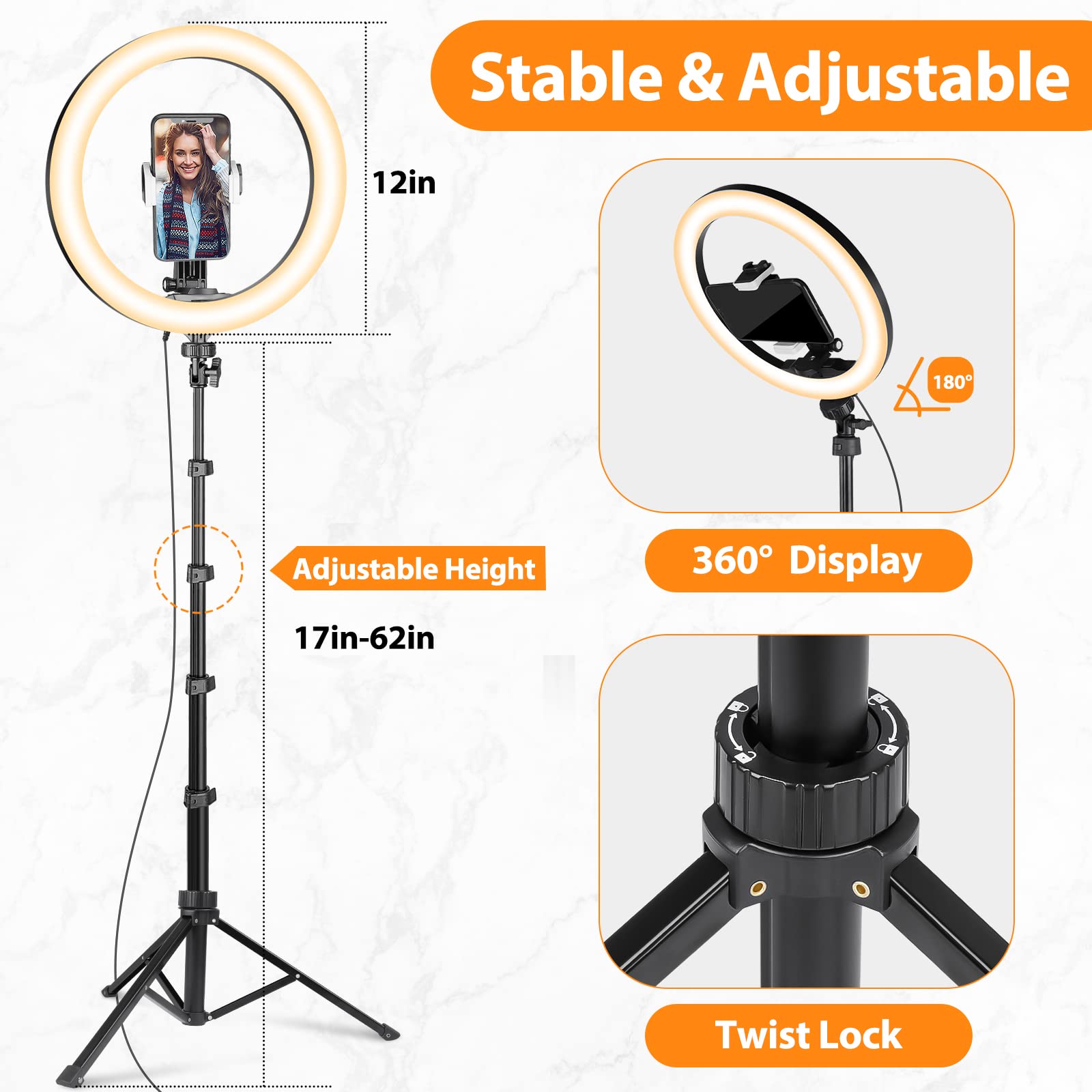 UBeesize 12.2" Ring Light with 62" Selfie Stick Tripod, LED Ring Light with Stand and Phone Holder for Recording/Makeup/YouTube/TIK Tok, Compatible with Cell Phone, Camera