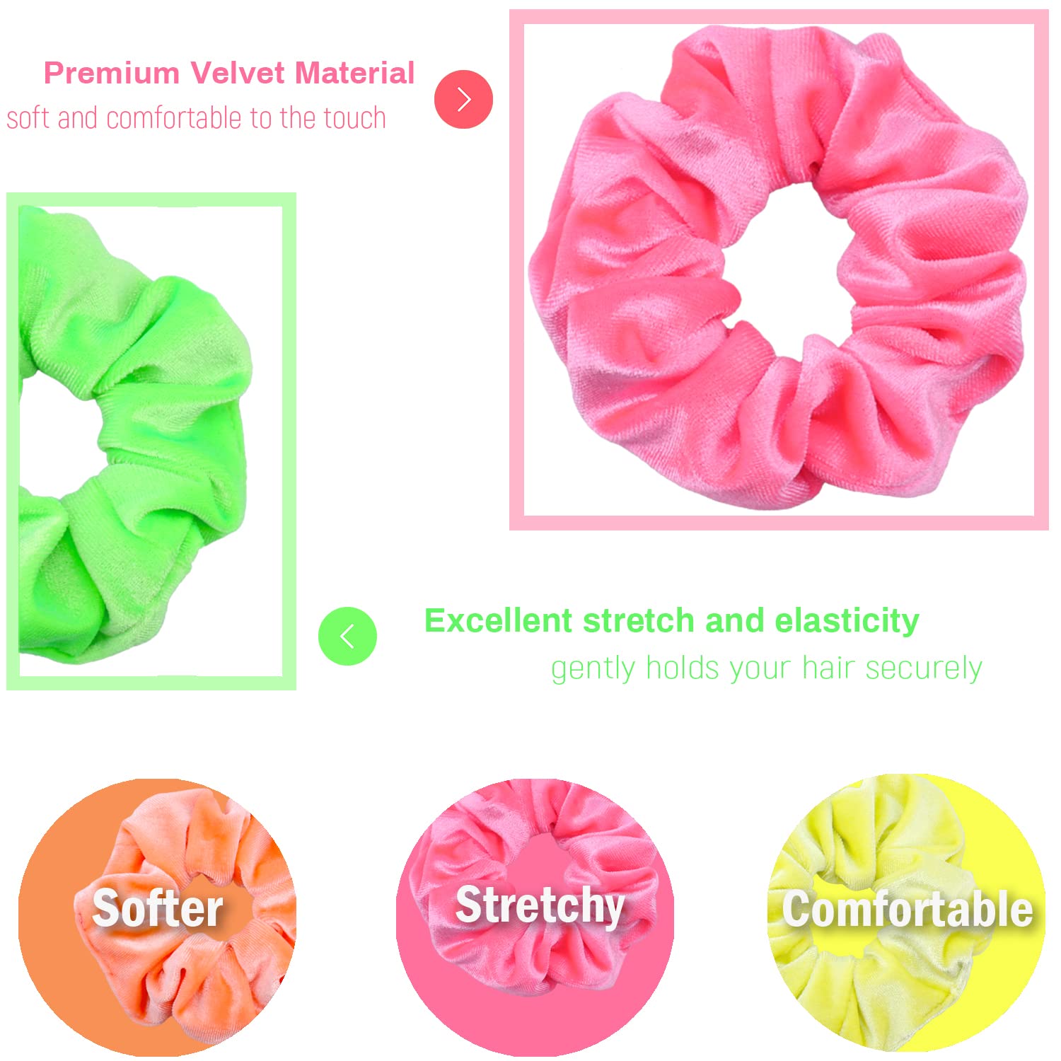 IVARYSS Neon Scrunchies for Hair 80s, Premium Velvet Soft Hair Scrunchy, Solid Colors Thick Elastic Bands, Hair Accessories for Women and Girls, 12 Pack