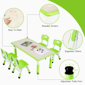 Arlopu Kids Table and 4 Chair Set, Height Adjustable Toddler Table and Chair Set, Non-Slip Legs, Graffiti Desktop, Large Children Activity Table, Reading Daycare Classroom Home (Green)