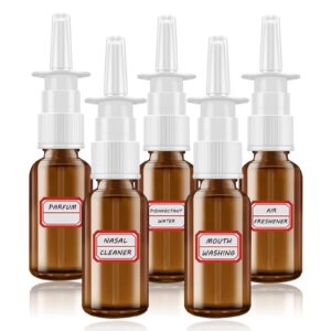 Nasal Spray Bottles with Graduated Scale, 5 PCS 30ML/1OZ Continuous Fine Mister Spray Bottles, Refillable Small Empty Amber Glass Bottle with Funnels, Travel Clips and Labels