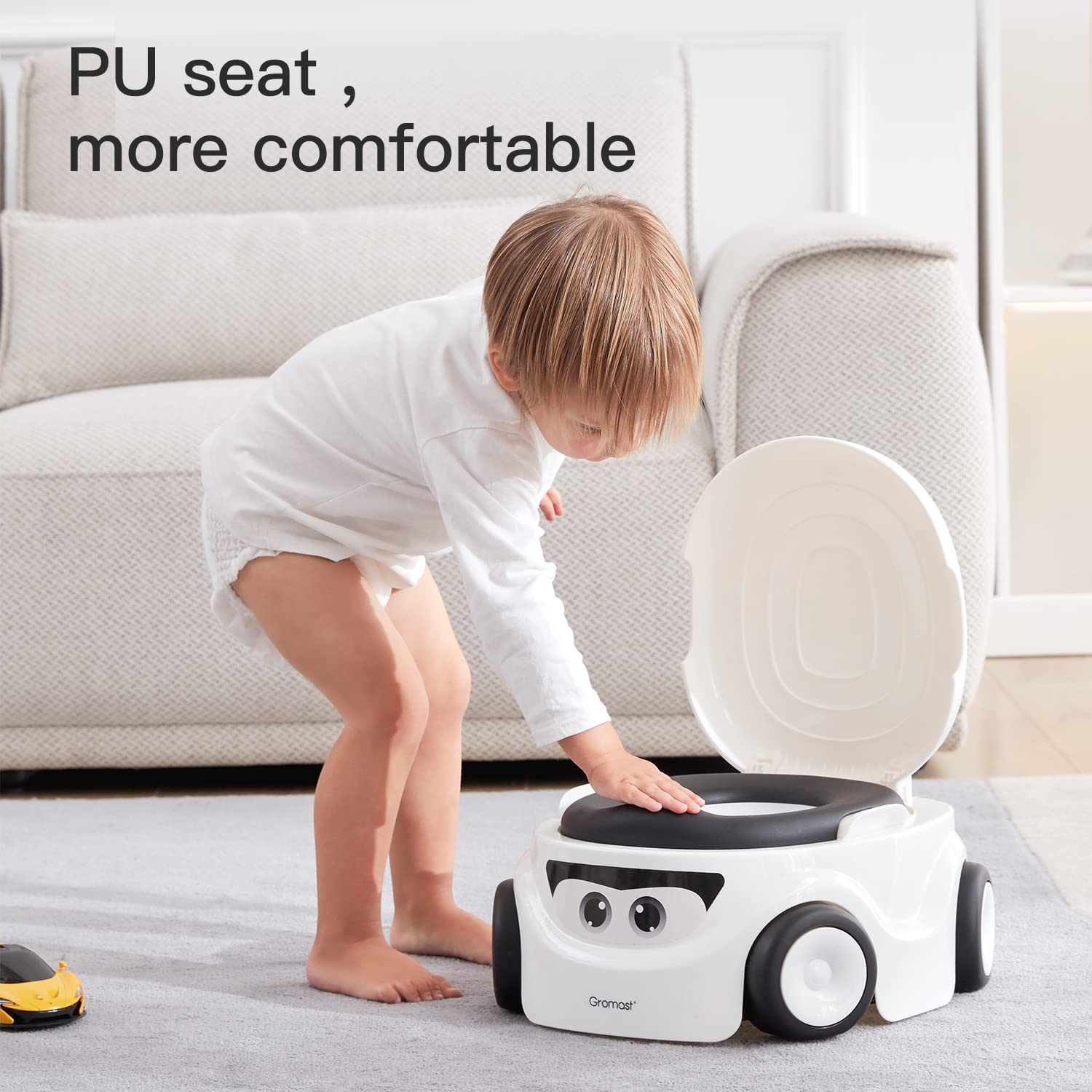 Toddler Potty, Baby Potty Training Toilet, CPSC Certified, 3 in 1 Installation-Free Racer Baby Toilet with Backrest, Thickened PU Cushion and Splash Guard (Black)