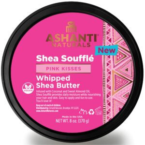 ashanti naturals scented whipped shea butter for skin | african body butter for women w/coconut, almond oil (pink kisses souffle, 8 oz)