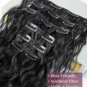 LONAI Clip In Hair Extensions, 6PCS 24" Black Hair Extensions Long Mermaid Waves Wavy Synthetic Clip On Hairpiece For Women（Black）