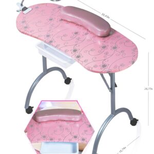 PROLJS Portable Nail Table with Folding Function Manicures Desk for Salon and Home with dust Collector Fan and Magnifying Glass lamp