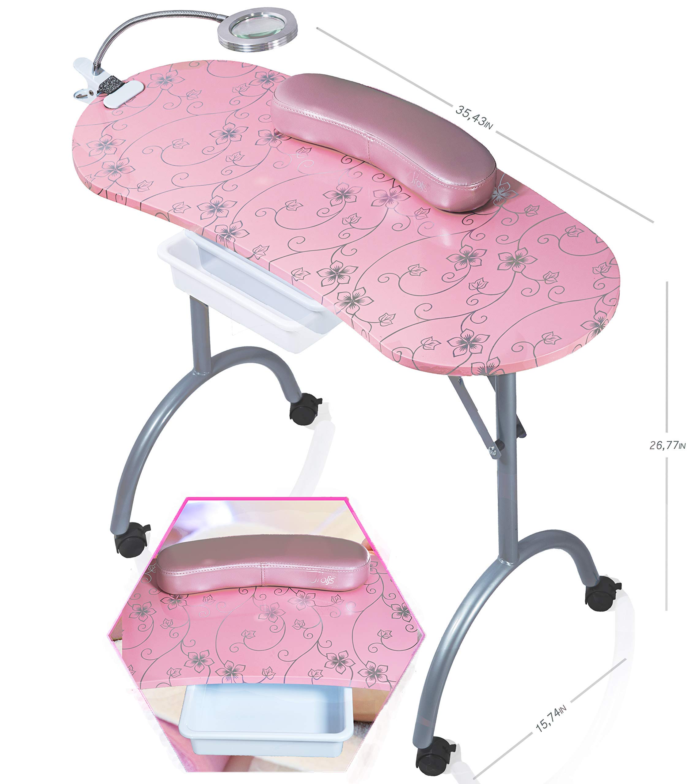 PROLJS Portable Nail Table with Folding Function Manicures Desk for Salon and Home with dust Collector Fan and Magnifying Glass lamp