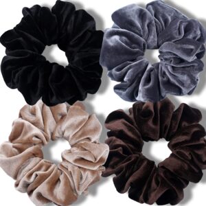 ivaryss extra large scrunchies for women's thick hair, premium velvet soft jumbo scrunchy, xl 6 inch big elastic band hair accessories, 4 pack, neutral