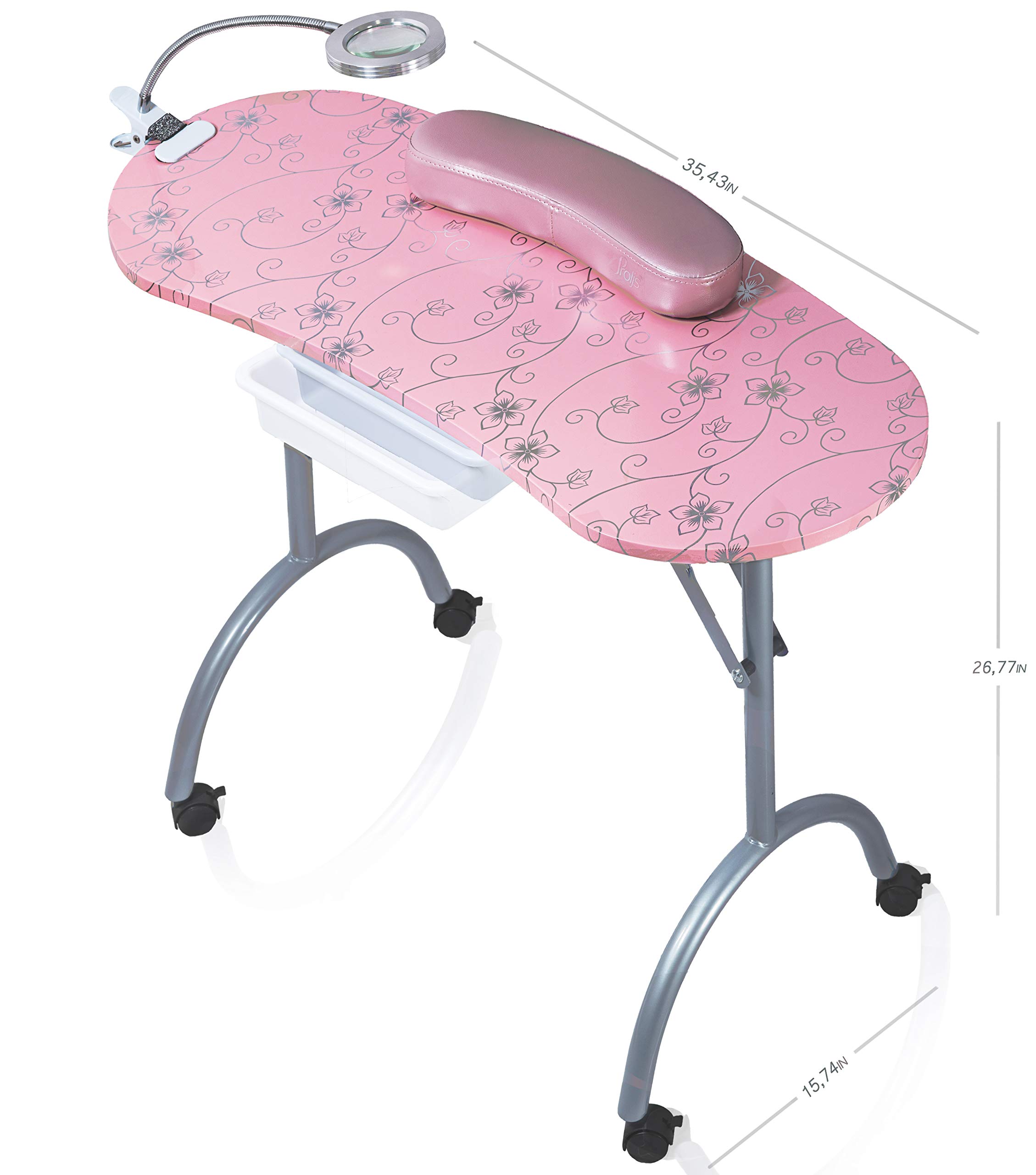 PROLJS Portable Nail Table with Folding Function Manicures Desk for Salon and Home with dust Collector Fan and Magnifying Glass lamp