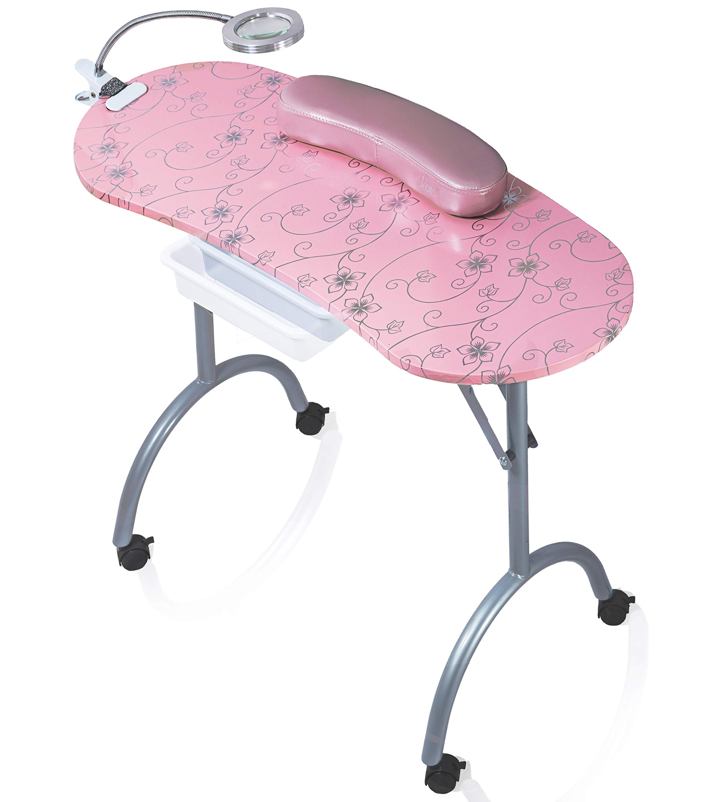 PROLJS Portable Nail Table with Folding Function Manicures Desk for Salon and Home with dust Collector Fan and Magnifying Glass lamp