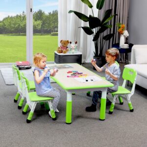 Arlopu Kids Table and 4 Chair Set, Height Adjustable Toddler Table and Chair Set, Non-Slip Legs, Graffiti Desktop, Large Children Activity Table, Reading Daycare Classroom Home (Green)