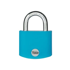 yale covered aluminum padlock with 3 keyed alike keys for indoor and outdoors use, gym locker, and toolbox (blue)