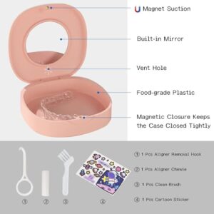 JOYSTOR Retainer Case with Vent Holes, and Mirror, Cute Slim Aligner Case Night Mouthguard Case, with Retainer Removal Tool, Chewie & Brush, for Women & Men, Pink