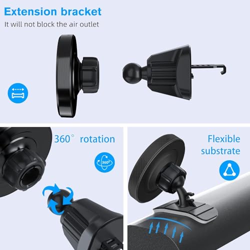 XWXELEC Magnetic Wireless Car Charger for Magsafe Mount iPhone16/15/14/13/12 /Pro/Max/Plus/Mini, Stick on Dashboard/Clip to Air Vent Phone Holder, 15W Fast Charging