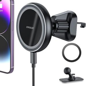 xwxelec magnetic wireless car charger for magsafe mount iphone16/15/14/13/12 /pro/max/plus/mini, stick on dashboard/clip to air vent phone holder, 15w fast charging