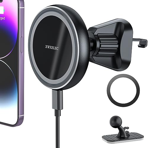 XWXELEC Magnetic Wireless Car Charger for Magsafe Mount iPhone16/15/14/13/12 /Pro/Max/Plus/Mini, Stick on Dashboard/Clip to Air Vent Phone Holder, 15W Fast Charging