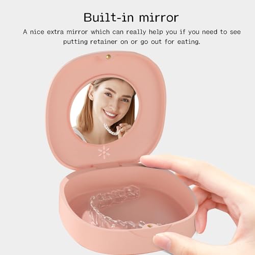 JOYSTOR Retainer Case with Vent Holes, and Mirror, Cute Slim Aligner Case Night Mouthguard Case, with Retainer Removal Tool, Chewie & Brush, for Women & Men, Pink