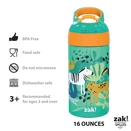 Zak Designs 16oz Riverside Kids Water Bottle with Spout Cover and Built-in Carrying Loop, Made of Durable Plastic, Leak-Proof Design for Travel (Dino Camo & Safari, Pack of 2)