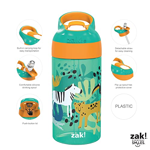 Zak Designs 16oz Riverside Kids Water Bottle with Spout Cover and Built-in Carrying Loop, Made of Durable Plastic, Leak-Proof Design for Travel (Dino Camo & Safari, Pack of 2)