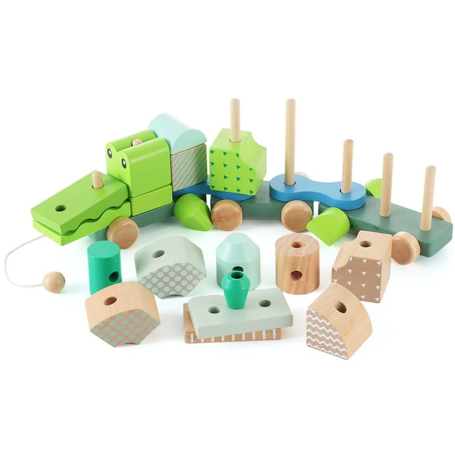 Toddler Montessori Toy, Wooden Block Train Set Stackable Building Blocks Toy Shape Sorter Toy Green Alligator Pull Toy for Baby Boy Ages 2 4 3 Years Birthday Gift Early Learning Educational Toy