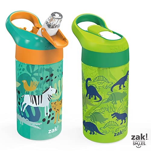 Zak Designs 16oz Riverside Kids Water Bottle with Spout Cover and Built-in Carrying Loop, Made of Durable Plastic, Leak-Proof Design for Travel (Dino Camo & Safari, Pack of 2)