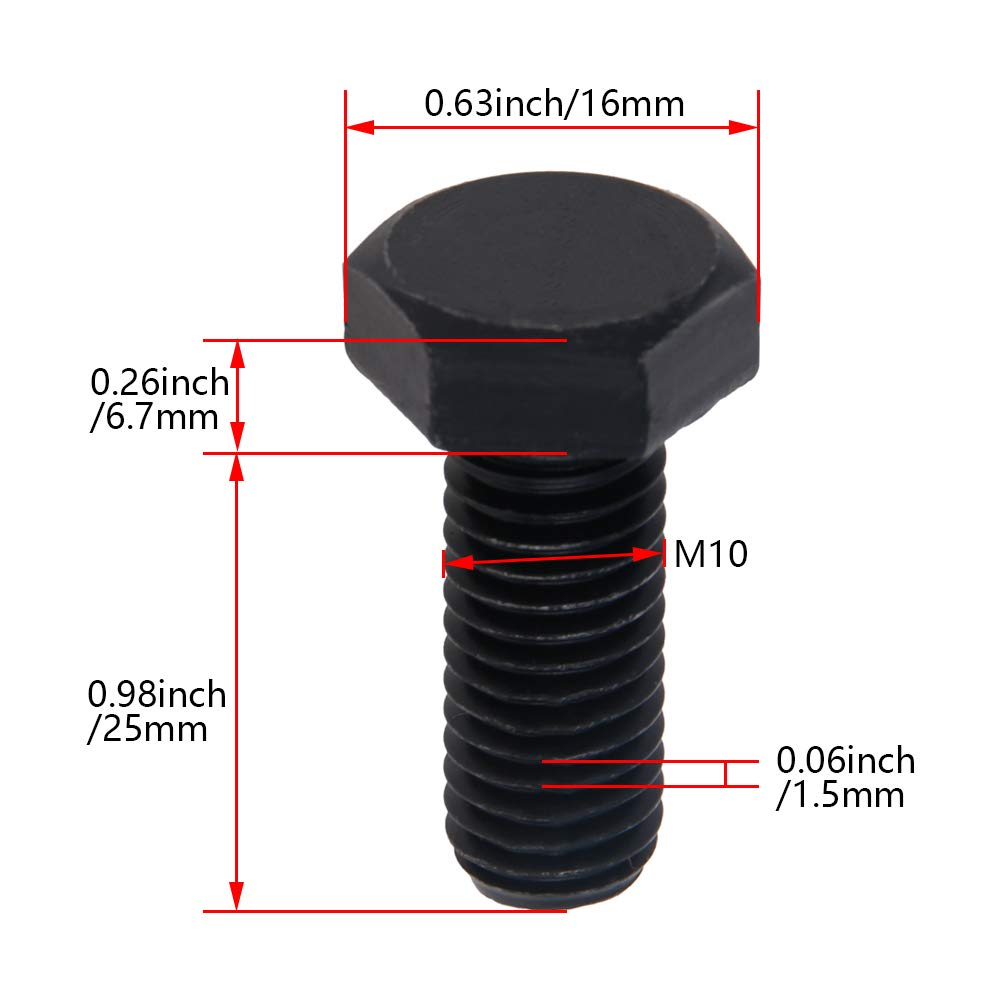 Heyiarbeit M10x25mm Hex Screws Bolts Carbon Steel Fastener Rustproof Metric Fully Threaded Replace Bolt Black 20PCS