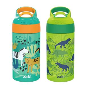 zak designs 16oz riverside kids water bottle with spout cover and built-in carrying loop, made of durable plastic, leak-proof design for travel (dino camo & safari, pack of 2)