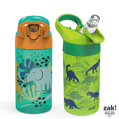 Zak Designs 16oz Riverside Kids Water Bottle with Spout Cover and Built-in Carrying Loop, Made of Durable Plastic, Leak-Proof Design for Travel (Dino Camo & Safari, Pack of 2)