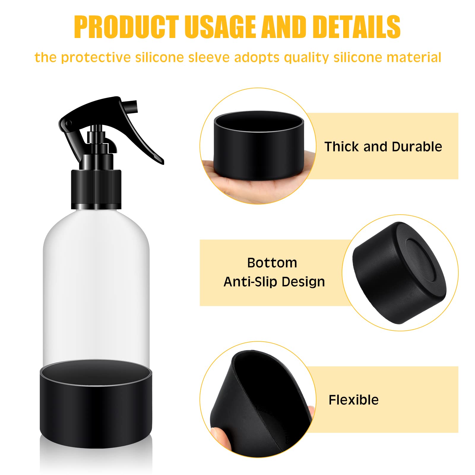 6 Pieces Protective Silicone Sleeve Bottom Washable Rubber Bottom Base Accessories Non Slip Cosmetic Spray Bottom Cover for 16 oz Spray Bottles, 12 to 24 oz Water Bottles, Black