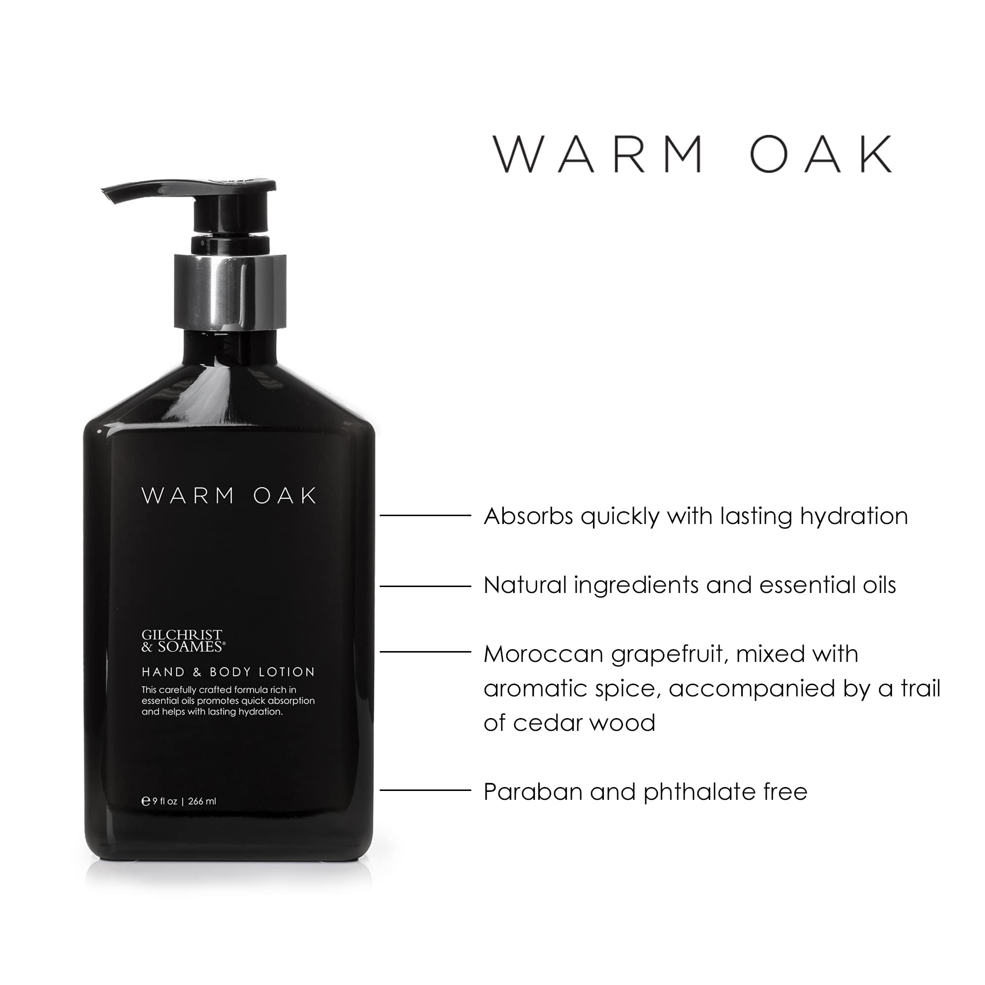 Gilchrist & Soames Warm Oak Hand and Body Lotion - 9oz - Natural, Essential Oils, All Skin Types, Zero Parabens, Sulfates, and Phthalates