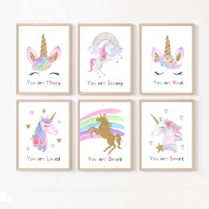 veedoo rainbow unicorn room decor for girls bedroom – motivational positive affirmations wall decor, set of 6 unicorn posters pictures wall décor – 8x10 (unframed) made in usa