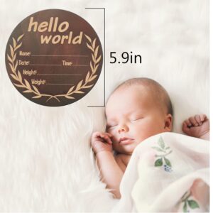 Wooden Birth Announcement 5.8 Inch Newborn Baby Name Sign Hello World Wooden Disc for Hospital Pictures & Photo Prop (Brown Color)