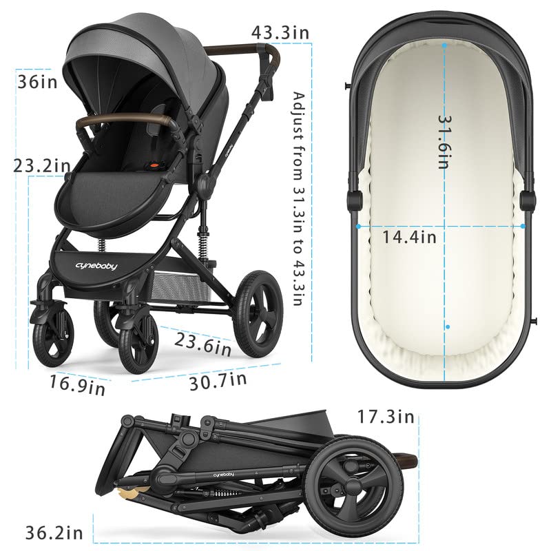 Baby Stroller for Newborn to Toddler, Cynebaby Bassinet Stroller Luxury Infant Pushchair Multi Position Reclining Pram with Mommy Bag/footmuff