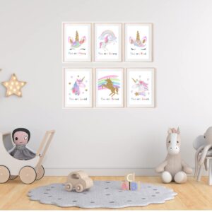 VEEDOO Rainbow Unicorn Room Decor for Girls Bedroom – Motivational Positive Affirmations Wall Decor, Set of 6 Unicorn Posters Pictures Wall Décor – 8x10 (Unframed) Made in USA