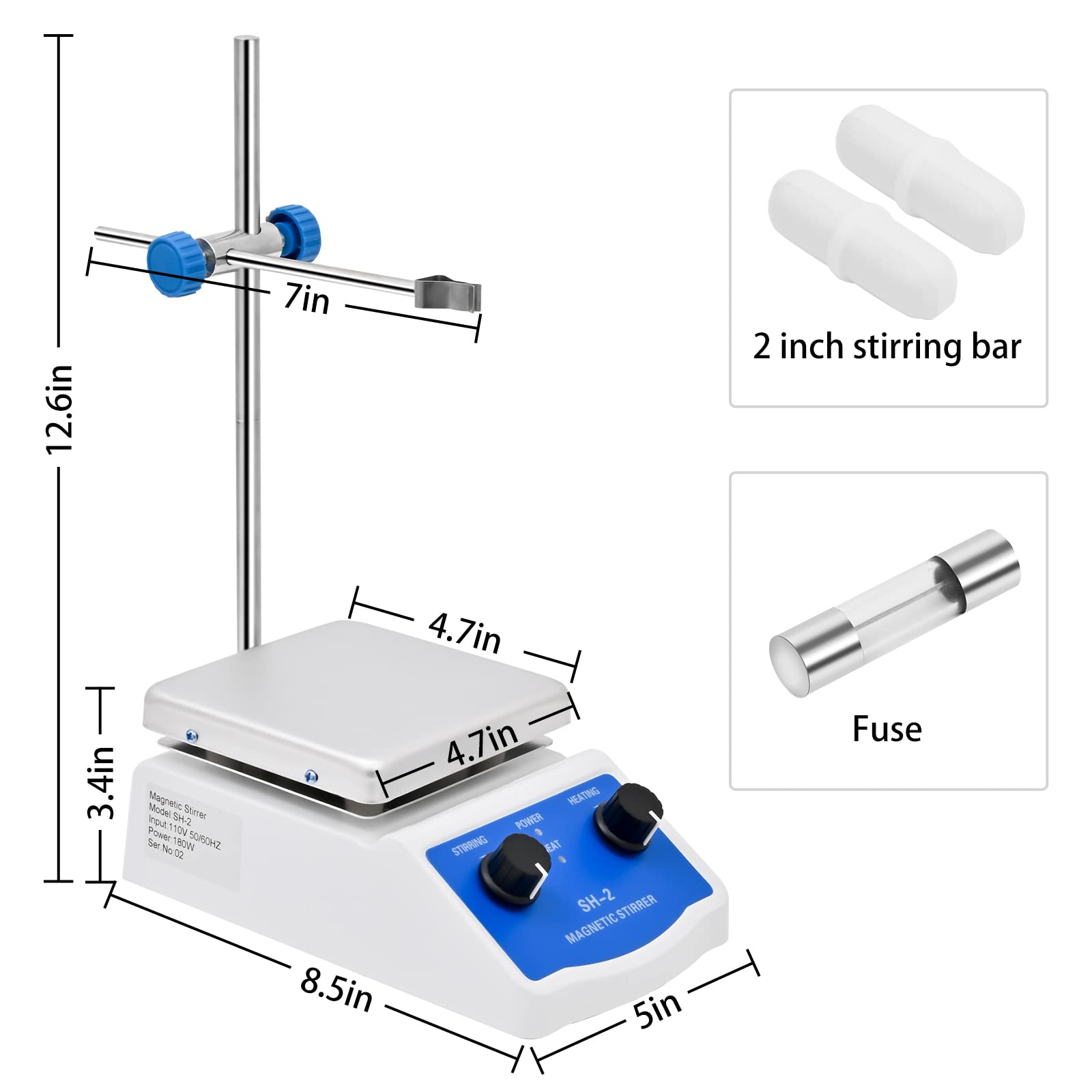 Lab Magnetic Stirrer Plate Hot Stir Mixer with Stirring Bar Heating Electric Mixing Machine for Chemistry Equipment 1000ml Capacity 100~2000 RPM Speed Resin Epoxy Stirring Bar & Support Stand Included