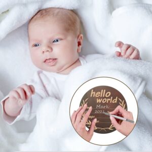 Wooden Birth Announcement 5.8 Inch Newborn Baby Name Sign Hello World Wooden Disc for Hospital Pictures & Photo Prop (Brown Color)