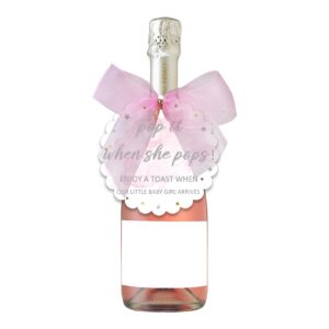 miatoi pink pop it when she pops baby shower bottle tags, pop the bubbly when she pops tags, girls’ champagne baby shower favor label with bows, mit-xbfs-1