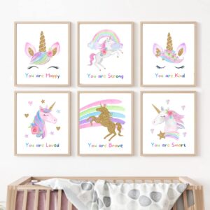 VEEDOO Rainbow Unicorn Room Decor for Girls Bedroom – Motivational Positive Affirmations Wall Decor, Set of 6 Unicorn Posters Pictures Wall Décor – 8x10 (Unframed) Made in USA