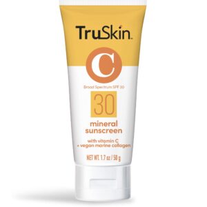 truskin mineral face sunscreen spf 30 – broad spectrum mineral sunscreen for face with zinc oxide, vitamin c & vegan marine collagen – lightweight sunscreen for sensitive skin, 1.7 fl oz