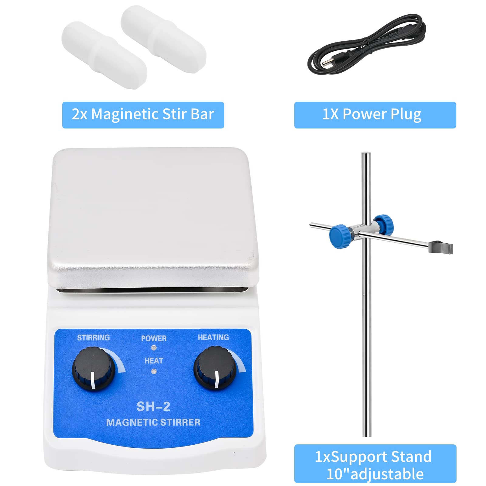 Lab Magnetic Stirrer Plate Hot Stir Mixer with Stirring Bar Heating Electric Mixing Machine for Chemistry Equipment 1000ml Capacity 100~2000 RPM Speed Resin Epoxy Stirring Bar & Support Stand Included