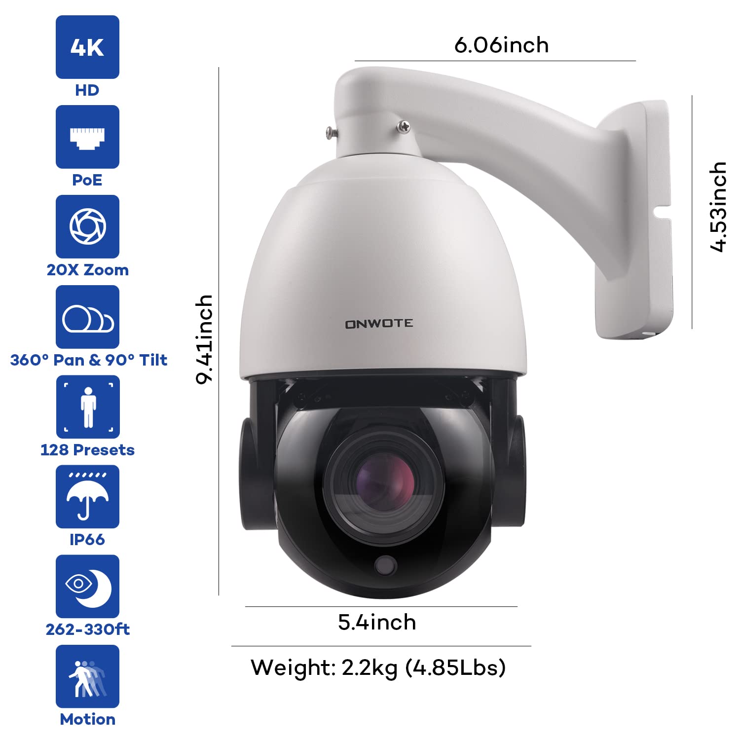 ONWOTE 4K 8MP 20X IP PTZ PoE Security Camera, Smart AI Human Vehicle Detection, Support Auto Tracking, 360° Pan 90° Tilt 20X Optical Zoom, 4.7-94mm Motorized Lens, Auto Cruising, 262-328ft IR IP66