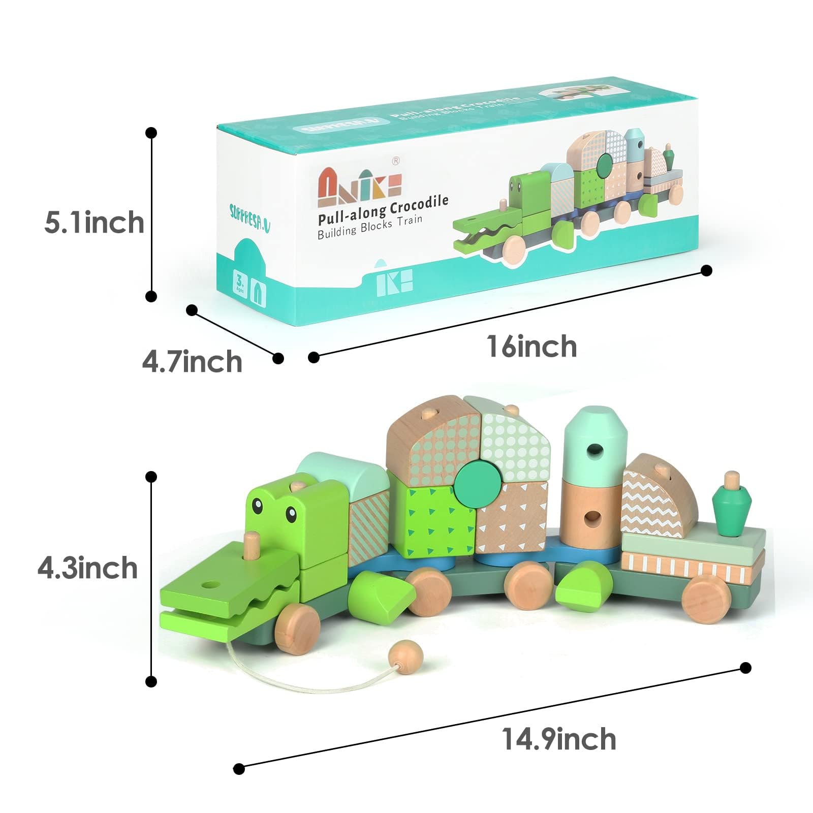 Toddler Montessori Toy, Wooden Block Train Set Stackable Building Blocks Toy Shape Sorter Toy Green Alligator Pull Toy for Baby Boy Ages 2 4 3 Years Birthday Gift Early Learning Educational Toy